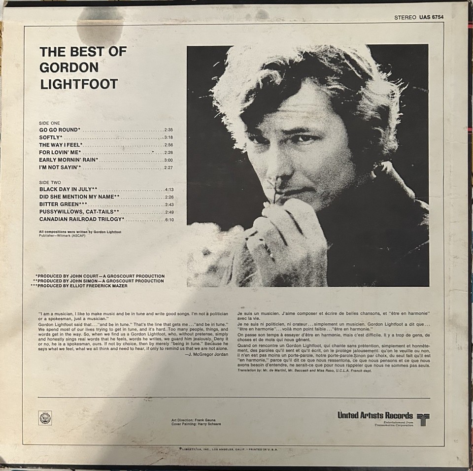 Gordon Lightfoot~The Best Of Gordon Lightfoot~LP Vinyl Record Album UAS ...