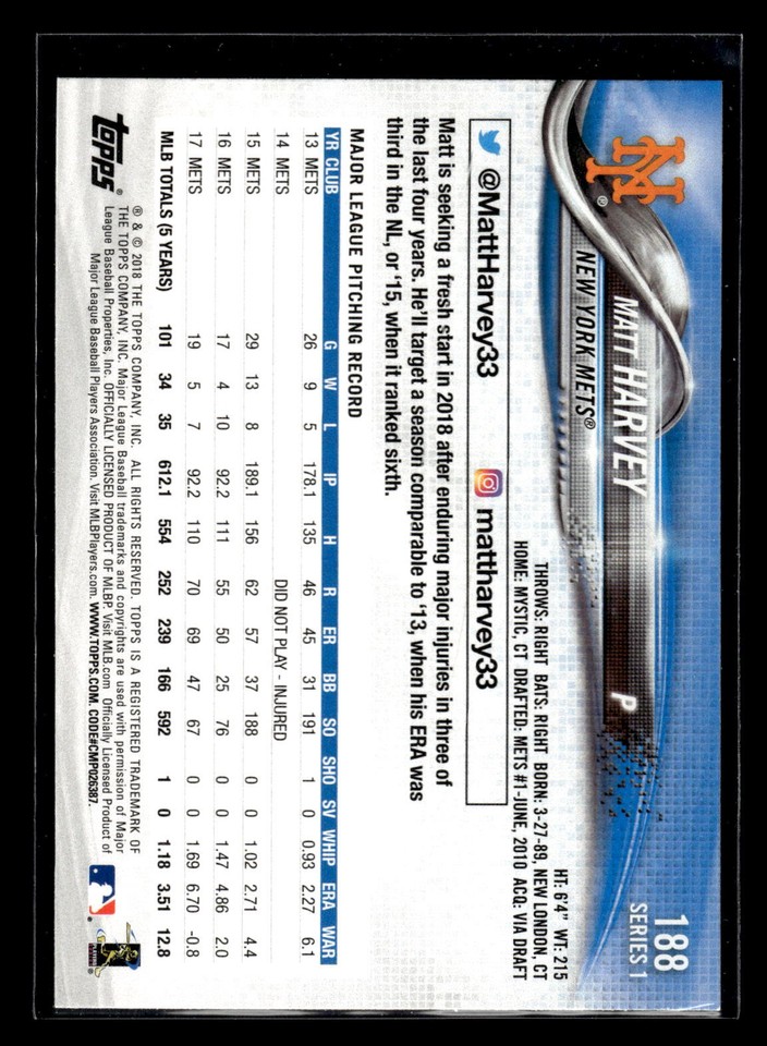 2018 Topps #188 Matt Harvey Rainbow Foil New York Mets Mint+ | eBay