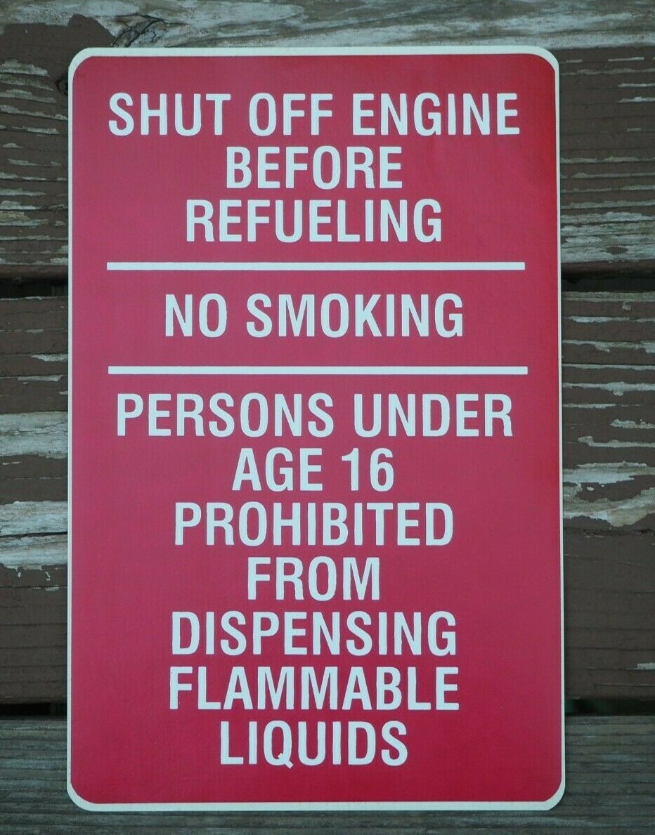 "SHUT OFF ENGINE BEFORE REFUELING" safety STICKER Decal NOS 10" X 6 1/2 ...