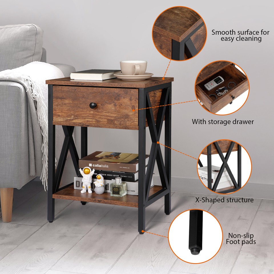 Set of 4 Brown End Table W/ Drawers X Design Small Wooden Side Table ...