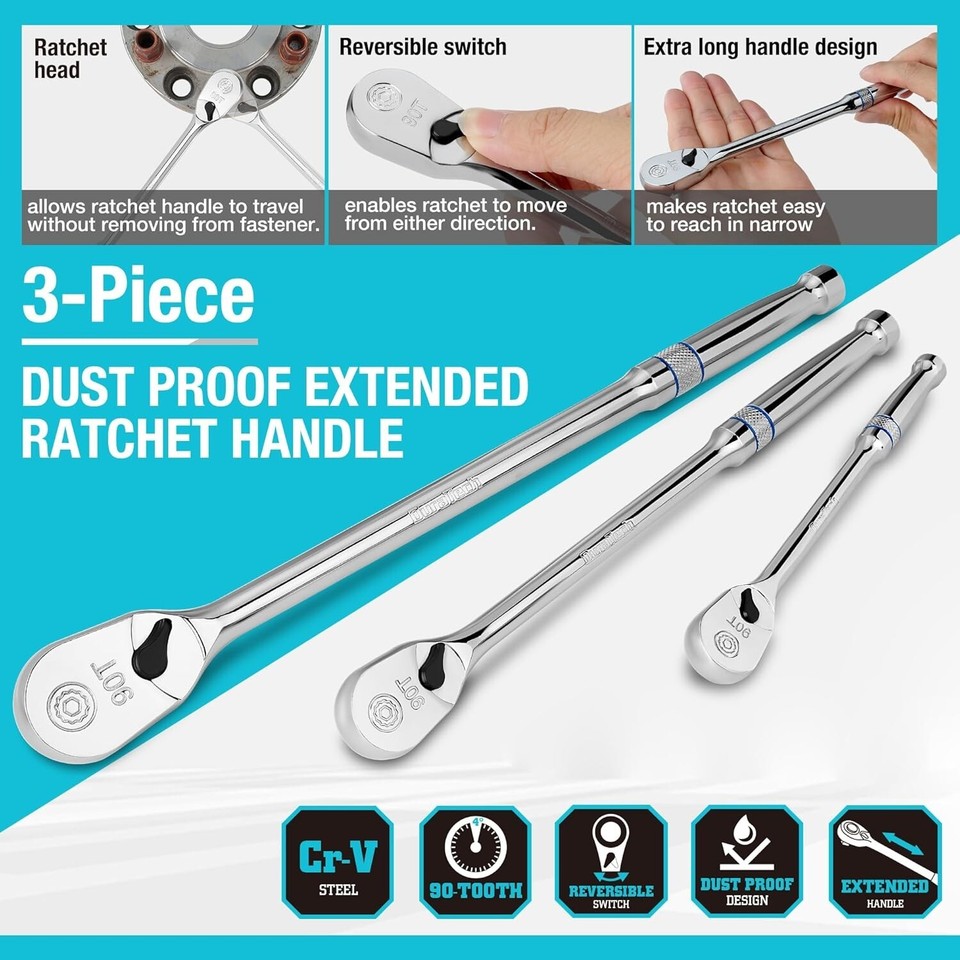 Extra Long Handle Drive Ratchet 90-Tooth Ratchet Wrench Dust Proof CR ...
