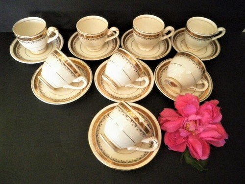 VINTAGE COFFEE SET MYOTT 8 CUPS & SAUCERS CREAM GOLD FILIGREE DEMITASSE ...