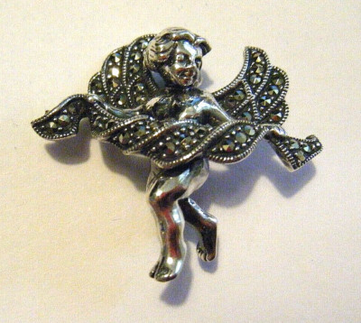 Vintage 1980s Sterling Silver Marcasite Angel Cherub Brooch Pin Judith ...