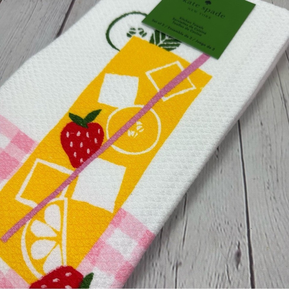 NWT Kate Spade Pink White Gingham Kitchen dish Towel strawberry ...