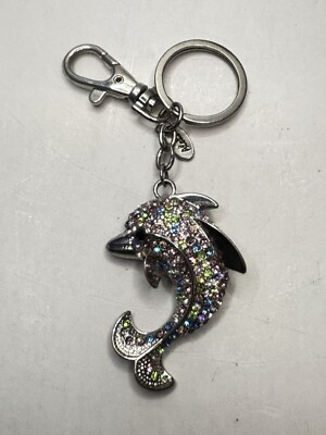 Rhinestone Dolphin Keychain Crystal Paved Silvertone Metal Clip Keyring ...