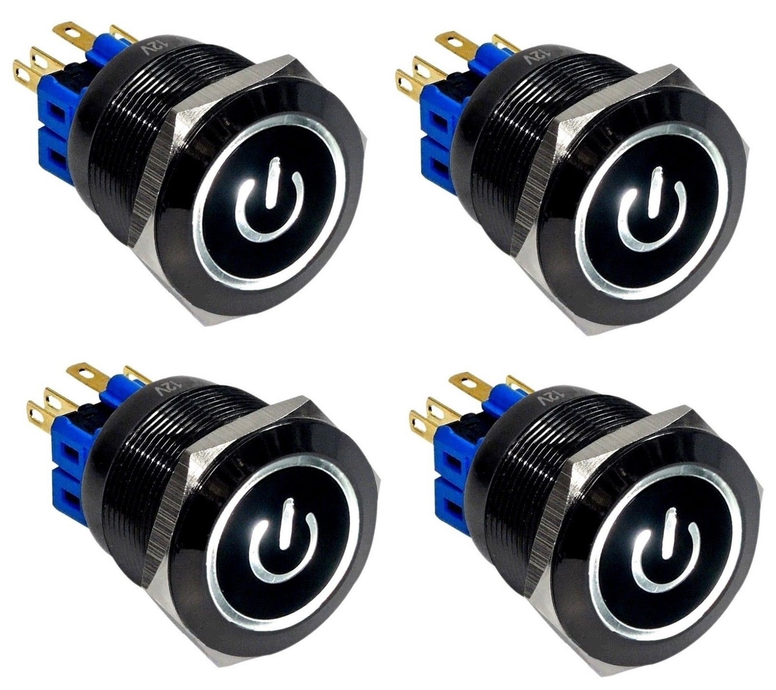 4pcs 25mm WHITE LED Waterproof Black Stainless Steel Push POWER Button ...