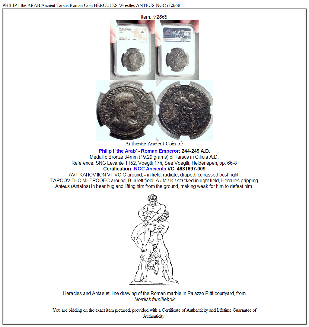 PHILIP I the ARAB Ancient Tarsus Roman Coin HERCULES Wrestles ANTEUS ...