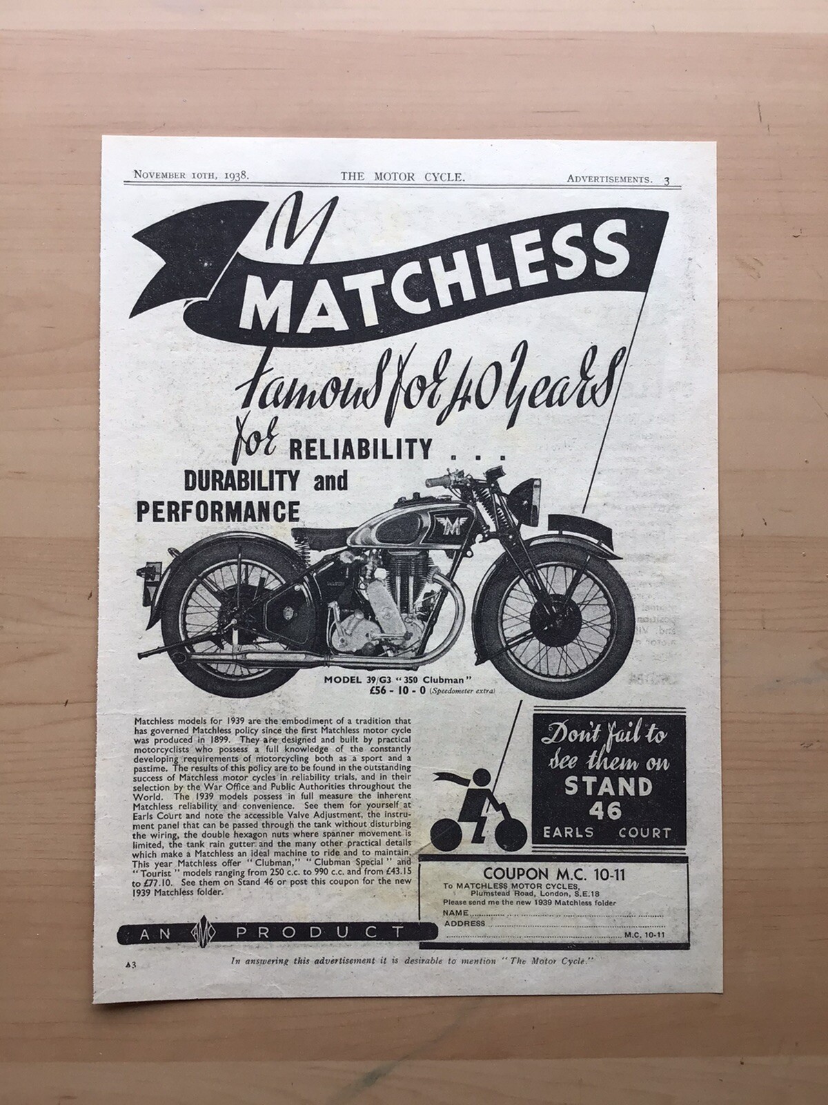 1938 Matchless 39/G3 350 Clubman Priced Advert | eBay