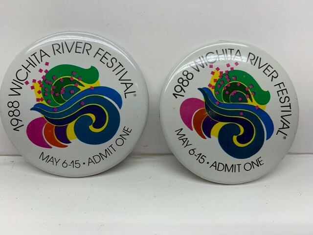 Pair of 1988 Wichita River Festival Riverfest Button Pin Admission Fest ...