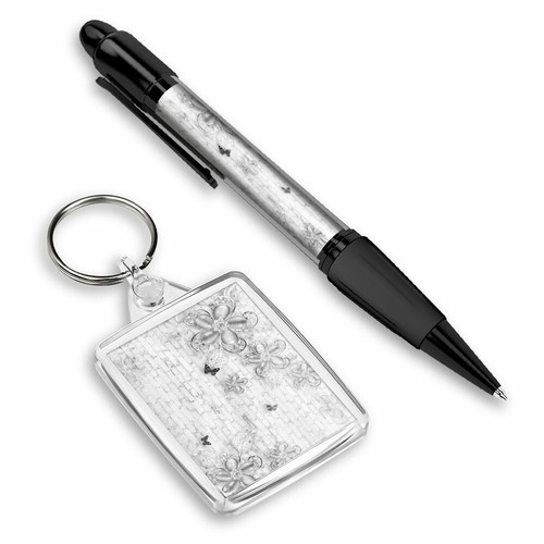 Pen & Keyring (Rectangle) - BW - Butterfly Rose Vintage Pattern Art ...