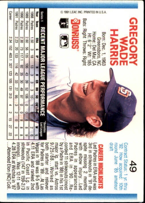 1992 Donruss San Diego Padres Baseball Card #49 Greg W. Harris | eBay