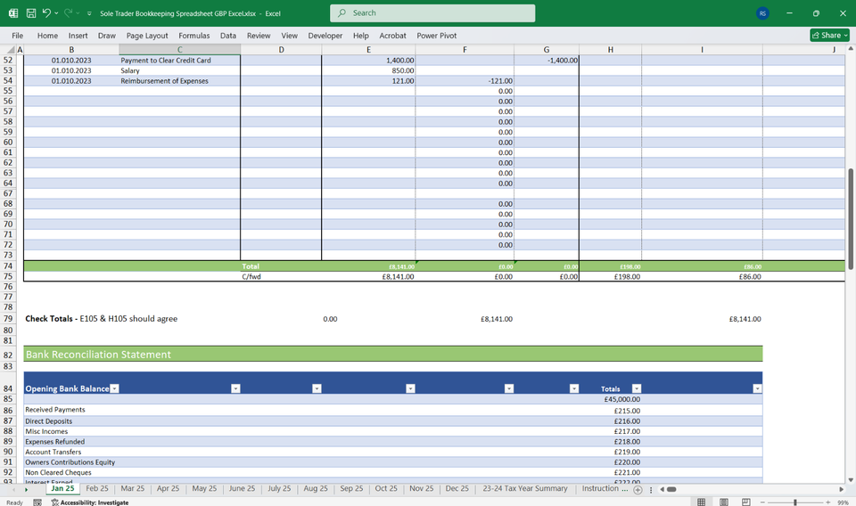 Sole Trader Bookkeeping Accounts, Self Employed Expenses Spreadsheet ...