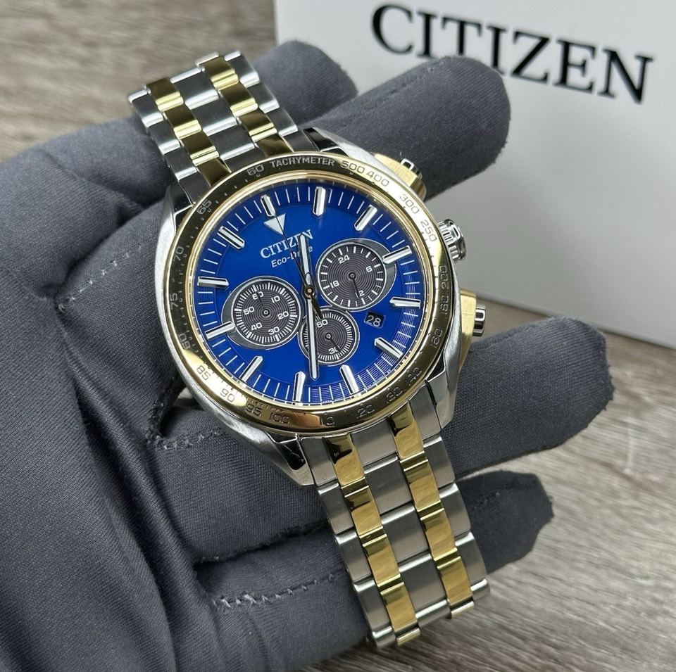 NEW Citizen Carson Blue Dial Tachymeter Two Tone Steel Men's Watch ...