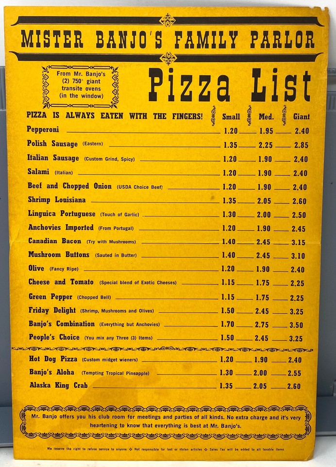 1980s Mister Banjo's Pizza Restaurant Menu Sherman Way Van Nuys Los ...