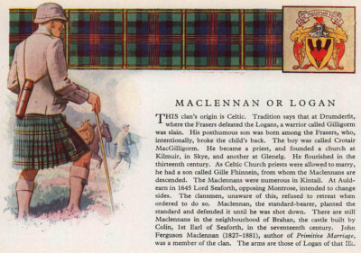 MacLennan of Logan. Scotland Scottish clans tartans arms 1957 old print ...