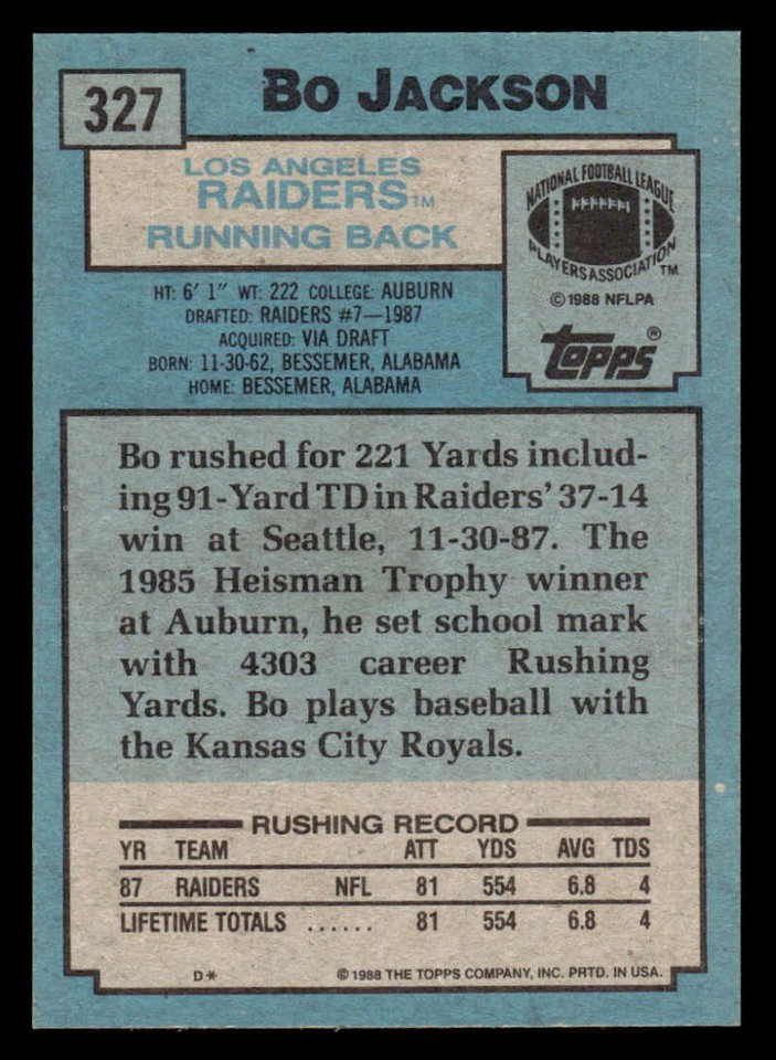 1988 Topps Bo Jackson Super Rookie Los Angeles Raiders 327 EX-MT XX9785 ...