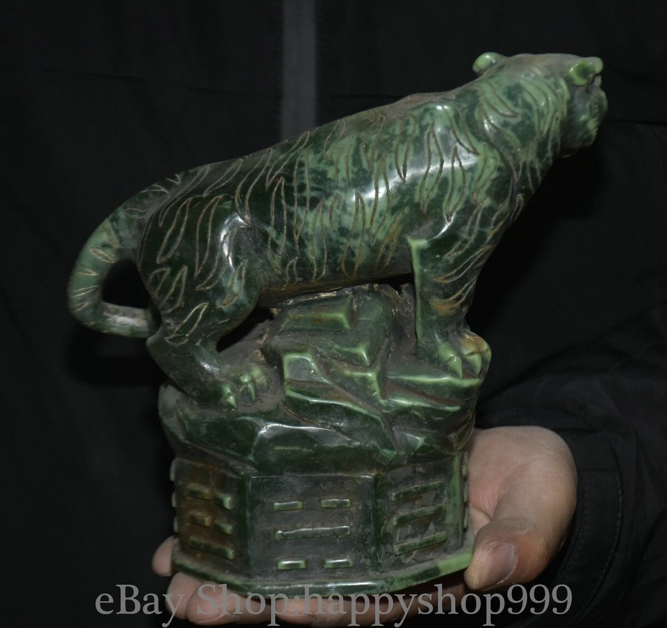 8" Old Chinese Natural Green Jade Carving Fengshui Animal Tiger Statue ...
