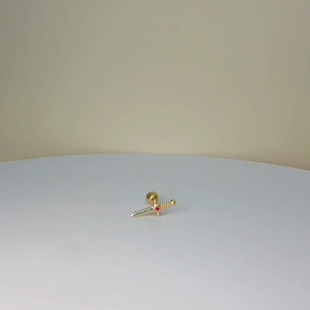 14K REAL Solid Gold Dagger with Ruby Cartilage Stud Earring Piercing 18 ...