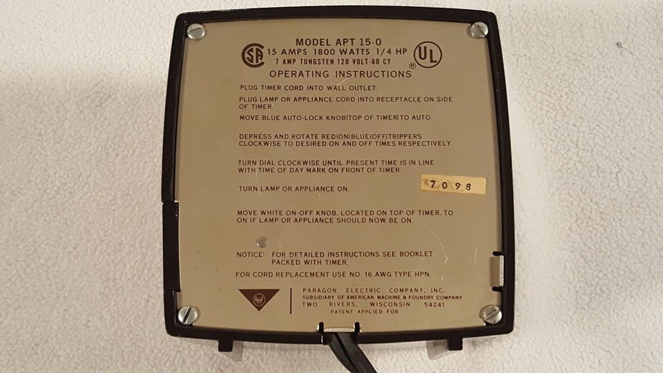 AMF PARAGON 24 HOUR TIMER MODEL APT 15-0 ~ 15 Amps 1800 Watts 1/4 HP | eBay