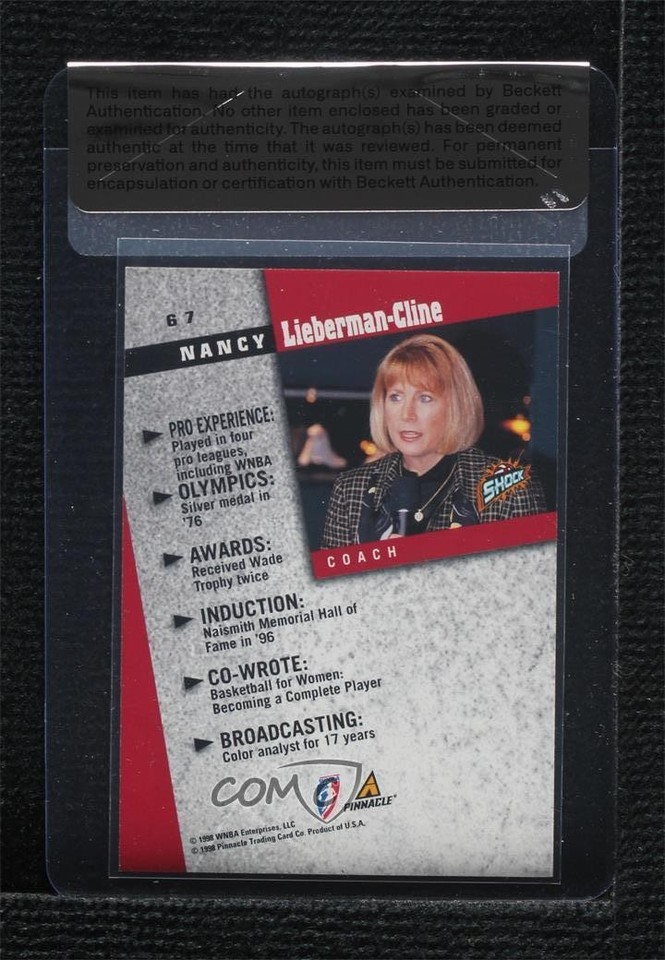 BAS 1998 Pinnacle WNBA Nancy Lieberman-Cline #67 Seal of Authenticity ...