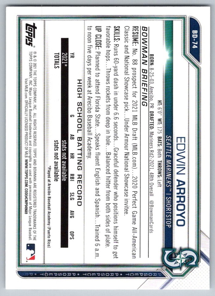 2021 Bowman Draft Edwin Arroyo Seattle Mariners #BD-74 | eBay
