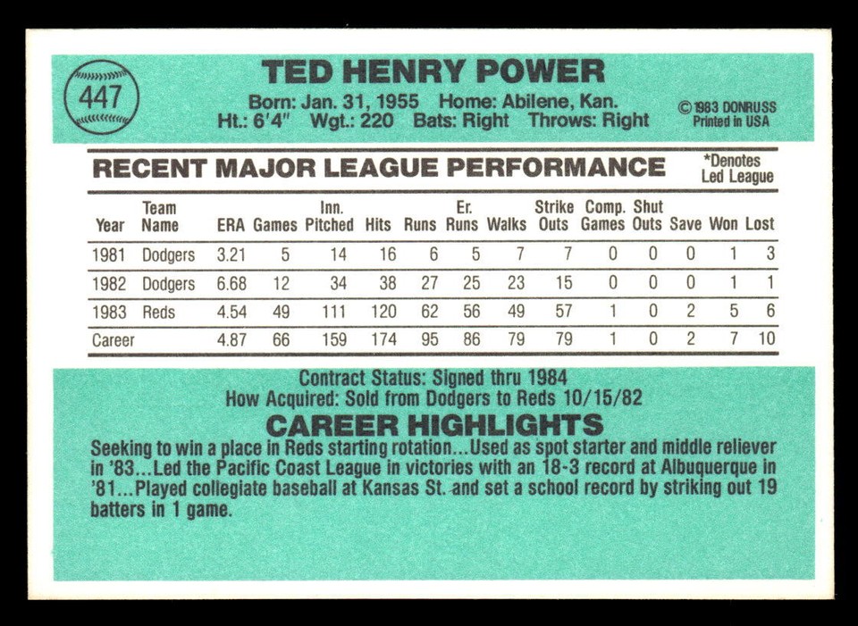 Ted Power 1984 Donruss Card #447 Cincinnati Reds | eBay