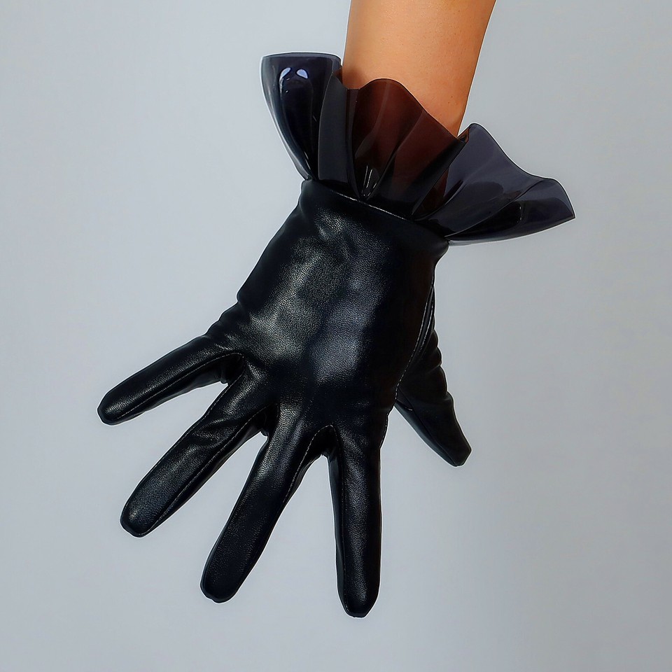 CLEAR GLOVES PVC Ruffle Trim TECH Faux Leather Black Short Plastic ...