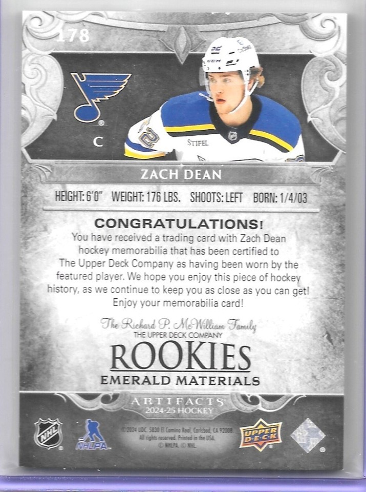 ZACH DEAN 24-25 UD ARTIFACTS EMERALD MAT. DUAL PATCH ROOK. RC/#49/99 ...