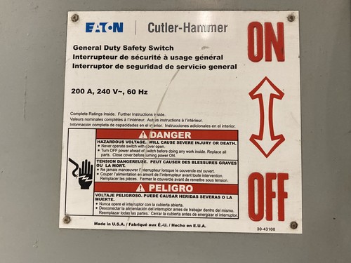 Eaton,DG324URK,Disconnect Non Fused Safety Switch Ser B 200A 3PH 24V | eBay