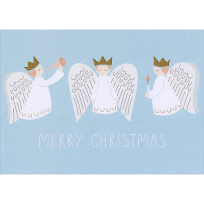 Three Cute Angels Wearing Gold Foil Crowns on Blue Box of 15 Christmas ...
