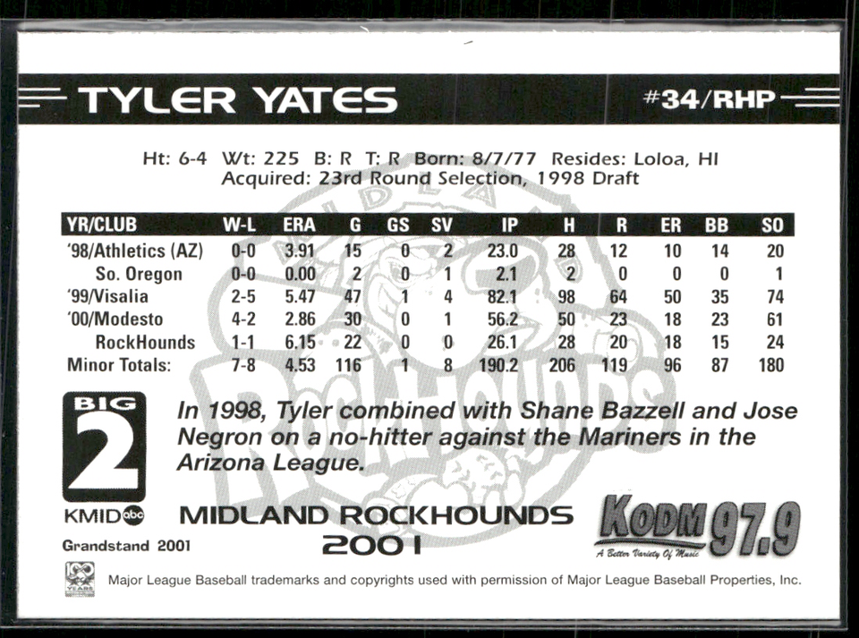 Tyler Yates 2001 Midland Rockhounds Team Set | eBay