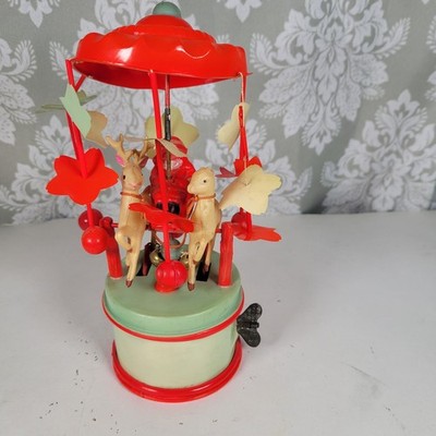 Vintage Plastic Celluloid Christmas Santa & Reindeer Wind Up Toy WORKS ...