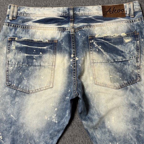 Akoo Jeans Mens 40x32 Blue Distressed Bleach Wash Denim Straight Leg No ...