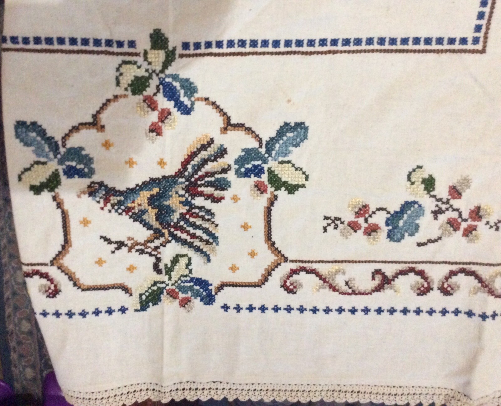 Vintage Embroidered / Cross Stitch Deer & Turkey Tablecloth Crochet ...
