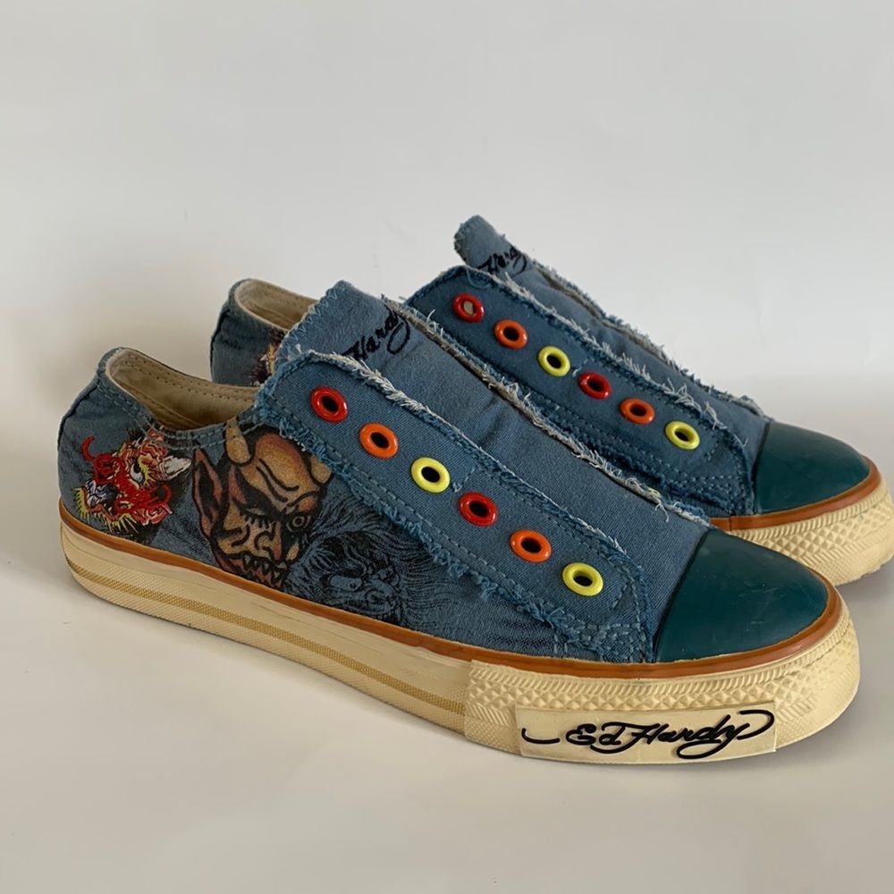 Ed Hardy Blue Colorful Dragon Signature No Lace Sneak… - Gem