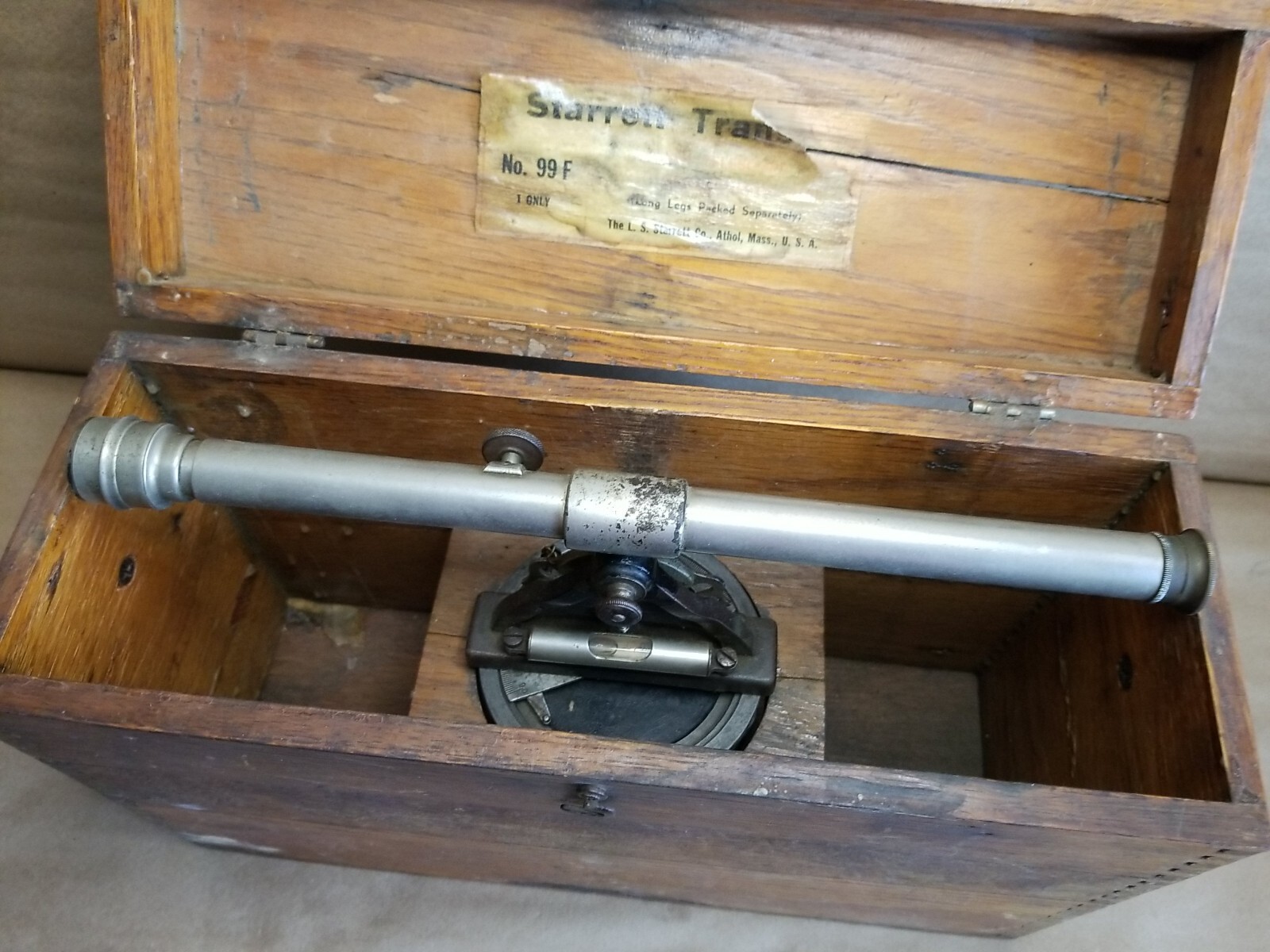 Vtg Starrett Surveyor's Transit Sight Level Scope Tool w/Wood Box Farm ...