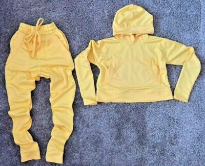 JD Fashion Ladies Custom Blanks Yellow Long Sleeve Crop Hoodie Jogger ...