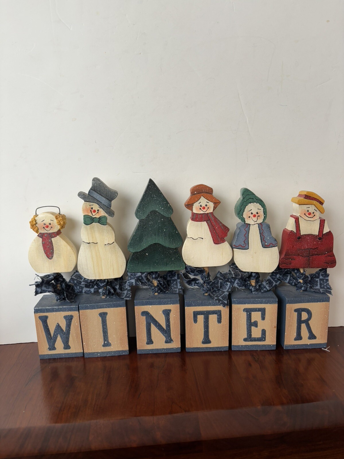 WINTER 6 Piece Primitive Folk Art Wood Snowman Block Set Spell Out ...