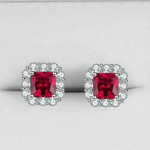 3.20Ct Asscher Cut Lab-Created Red Ruby Halo Stud Earrings 14K White Gold Over | eBay