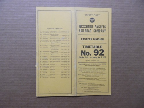 1952 Missouri Pacific Railroad Employee Timetable 92 Eastern Division ...
