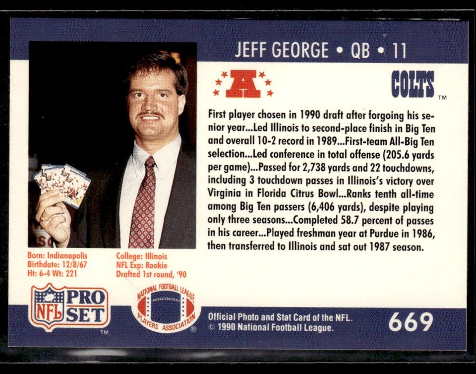 1990 Pro Set #669 Jeff George Shown in Colts uniform RC Football Card ...