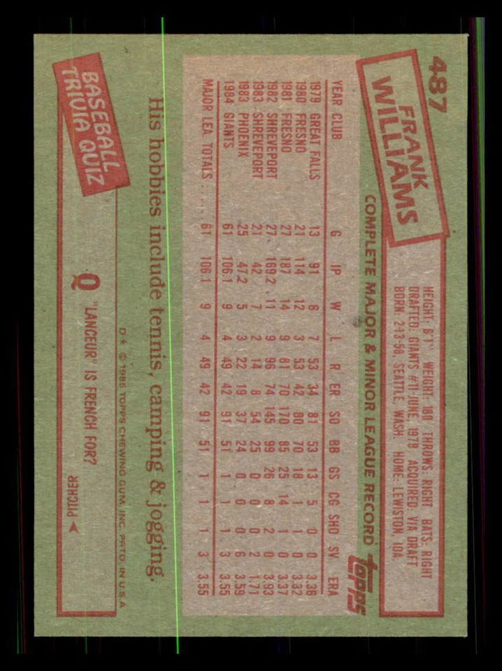1985 Baseball 1985 Topps Frank Williams San Francisco Giants #487 RC1 ...