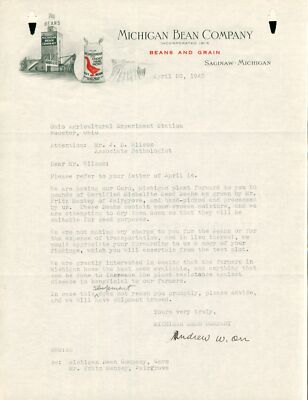 1943 Letter Michigan Bean Company Saginaw MI Color Letterhead Navy ...