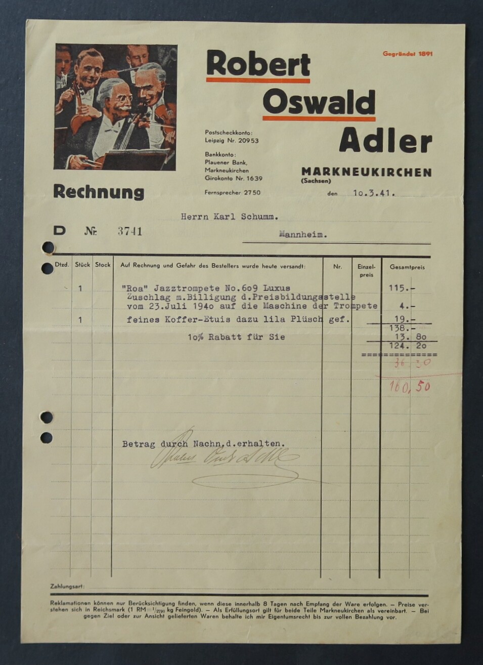 Facture ALLEMAGNE 1941 MARKNEUKIRCHEN ROBERT OSWALD ADLER illustrée 58 ...