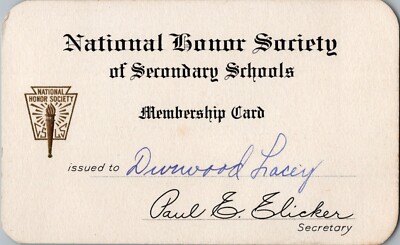 Vintage Membership Card National Honor Society Of Secondary Schools ...