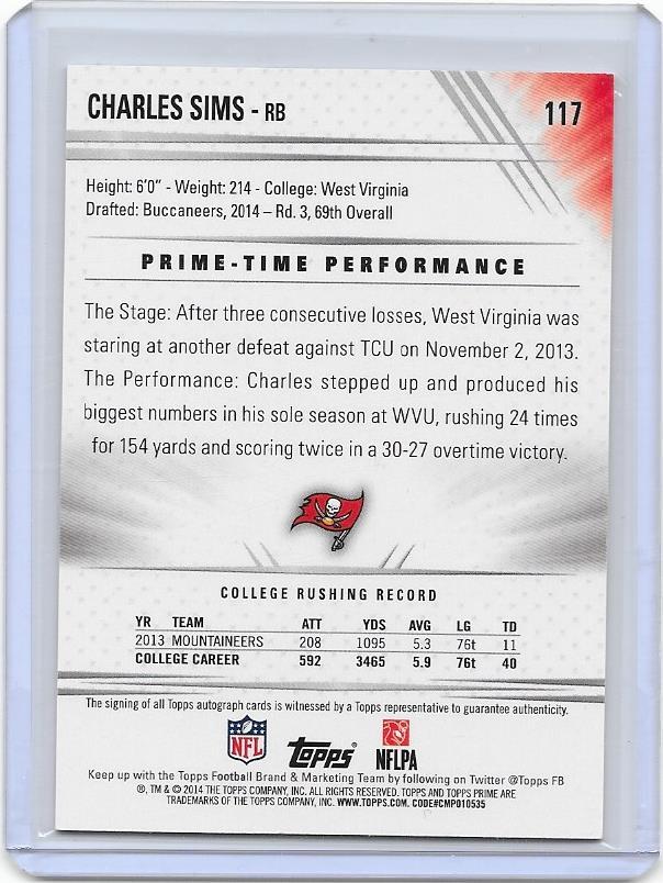 2014 Charles Sims Topps Prime Autograph Rookie x/99 Buccaneers Card | eBay