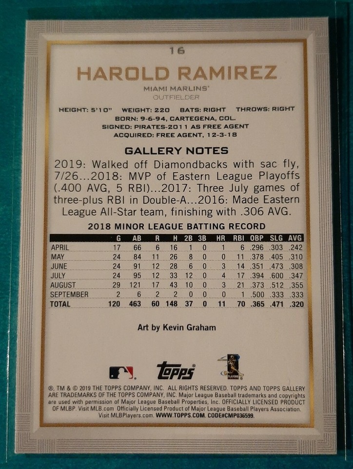 2019 TOPPS GALLERY ARTISTS PROOF HAROLD RAMIREZ ROOKIE #16 MIAMI ...