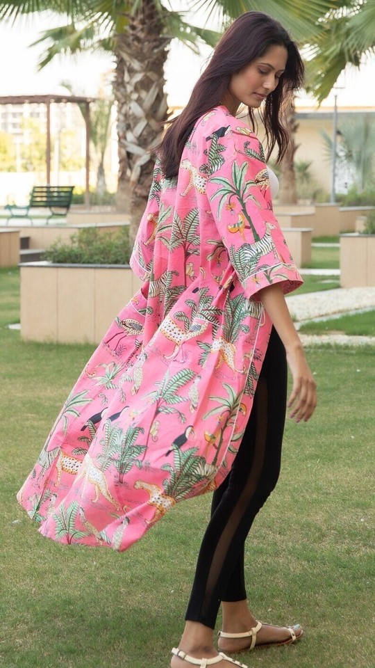 Indian Pink Tiger Printed Cotton Robes Long Kimono Sleepwear Night Suit ...