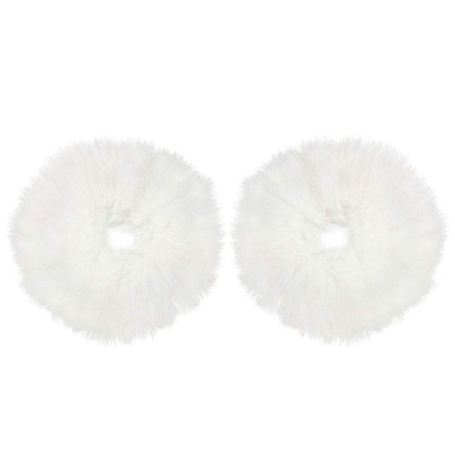 2 Pcs Furry Faux Fur Hair Scrunchies White Artificial Bobbles Elastic ...