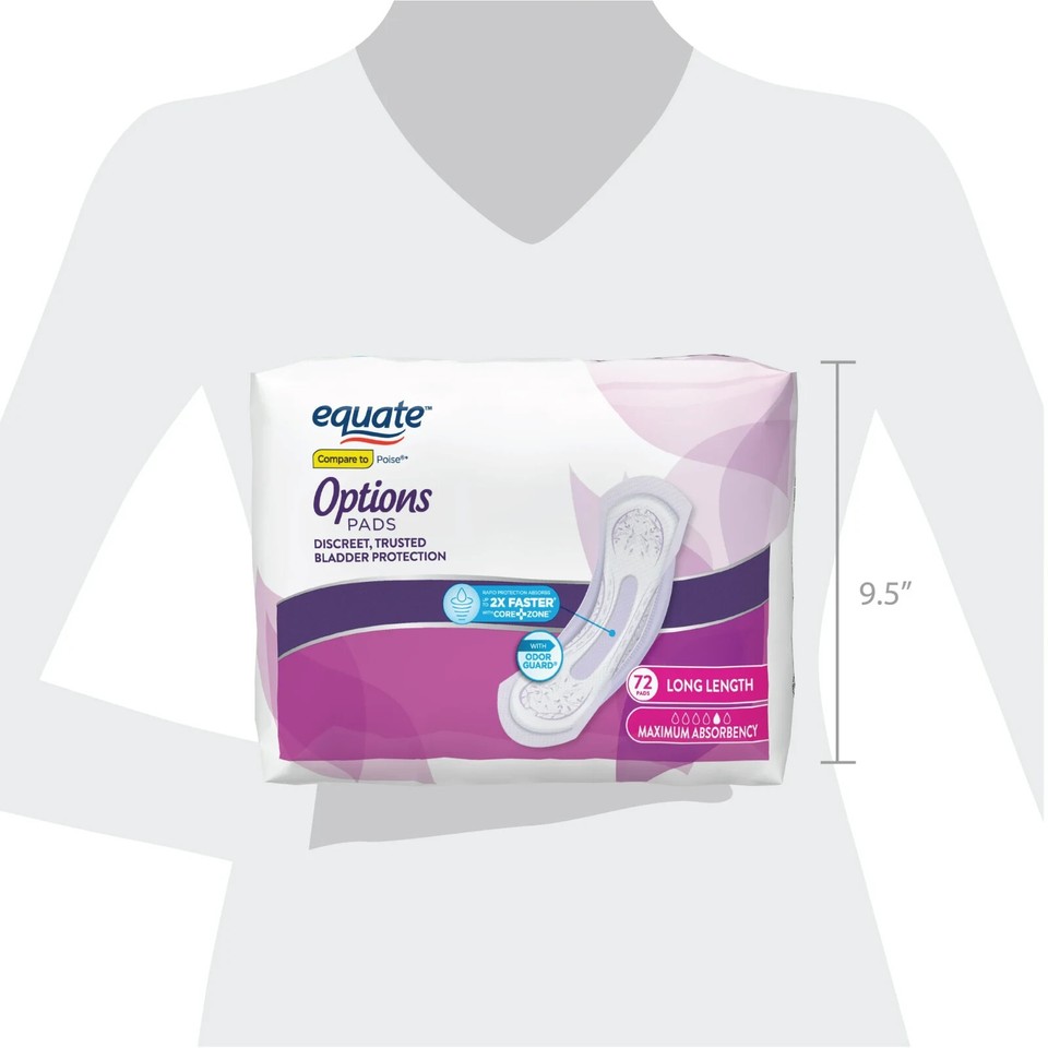 Equate Options Incontinence Pads for Women, Maximum, Long, 144 Count | eBay